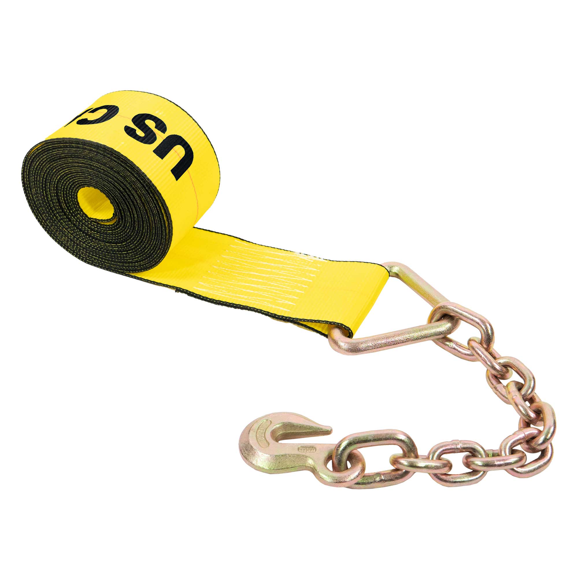 4" x 30' Trailer Winch Strap with 18" Chain End | Yellow – Fasteners Plus