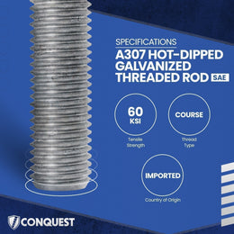 Conquest 3/8"-16 x 10' A307 Threaded Rod - Hot Dip Galvanized ...